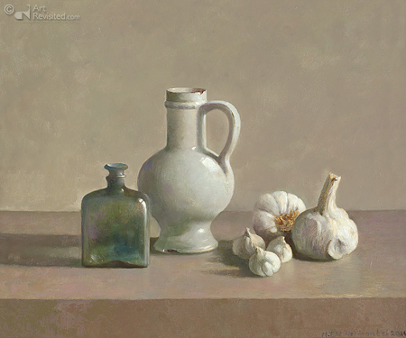 Stilleven met Delftwitte schenkkan, knoflook en groene fles | Henk Helmantel | Kunstenaars - Art ...